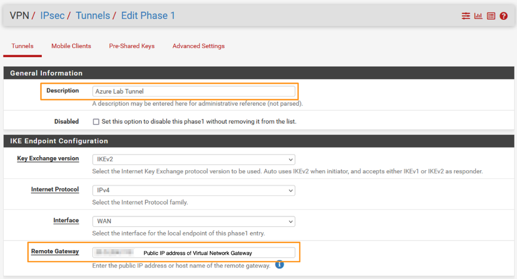 Create an Azure Virtual Network Gateway IPSec VPN to PFSense